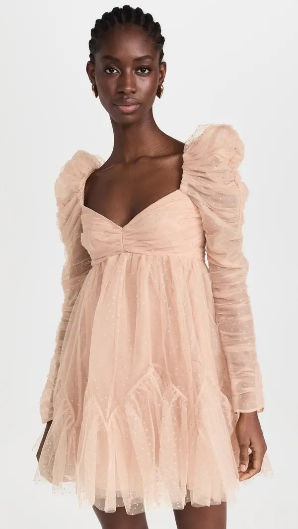 Zimmermann Tulle Ruched Mini Dress In Nude/Gold Dot - 70% Off